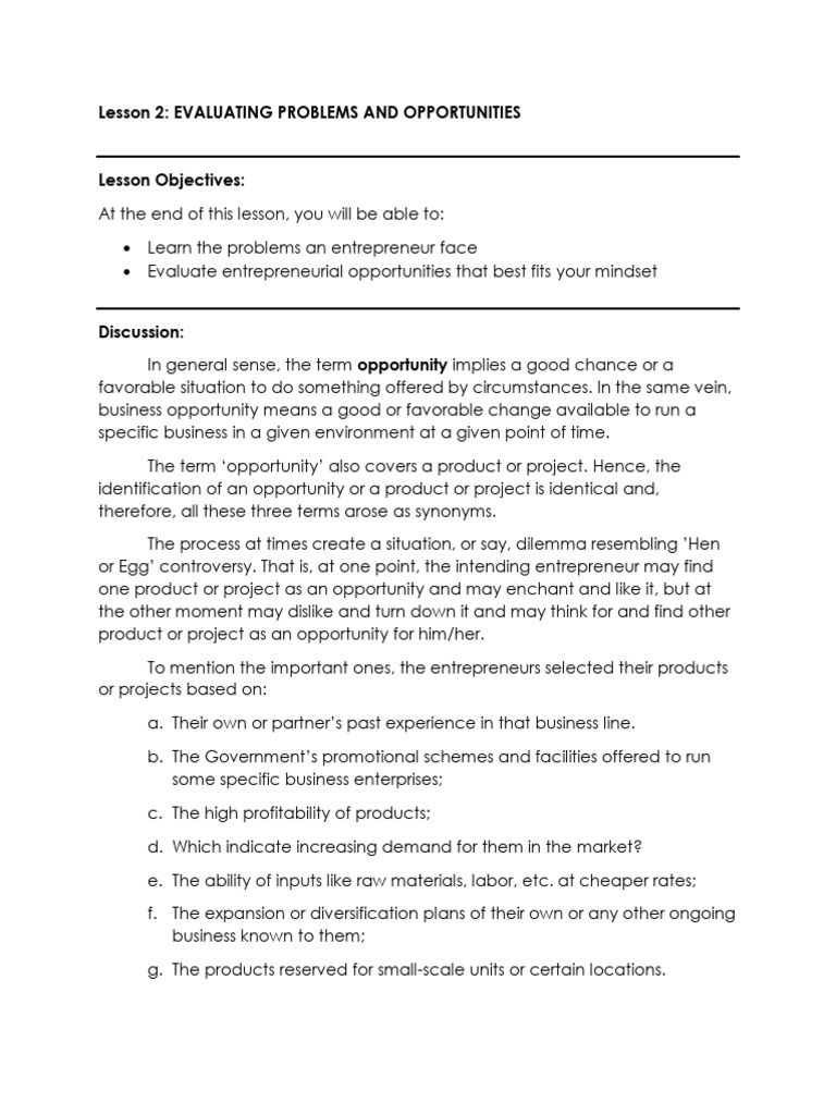 Lesson 2 Evaluate Problems and Opportunities | PDF | Brainstorming | Entrepreneurship