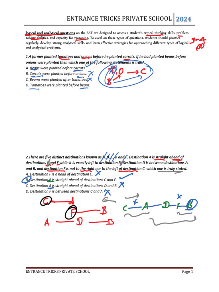 SAT Logical and Analyical Questions by Entrance Tricks Private School | PDF