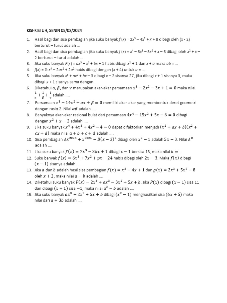 Kisi-Kisi UH Matematika Suku Banyak | PDF | Metode & Bahan Ajar