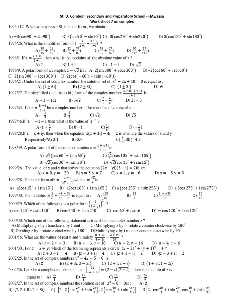 MAths 11 Work Sheet 7 On Complex | PDF