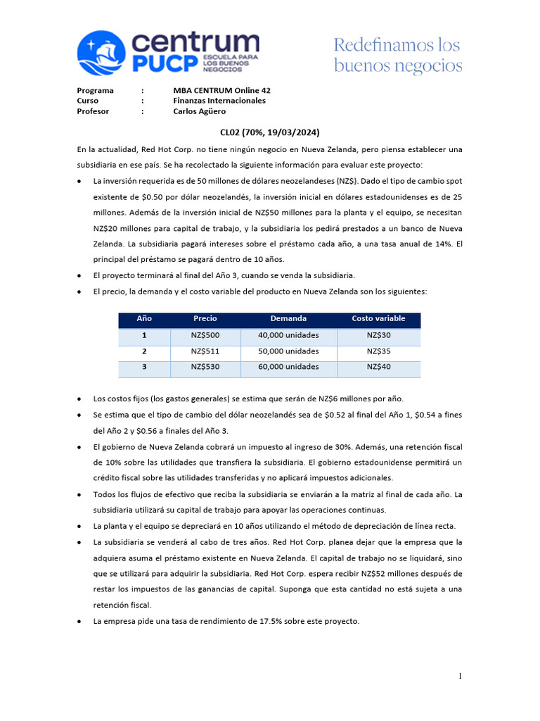 Programa: MBA CENTRUM Online 42 Curso: Finanzas Internacionales ...