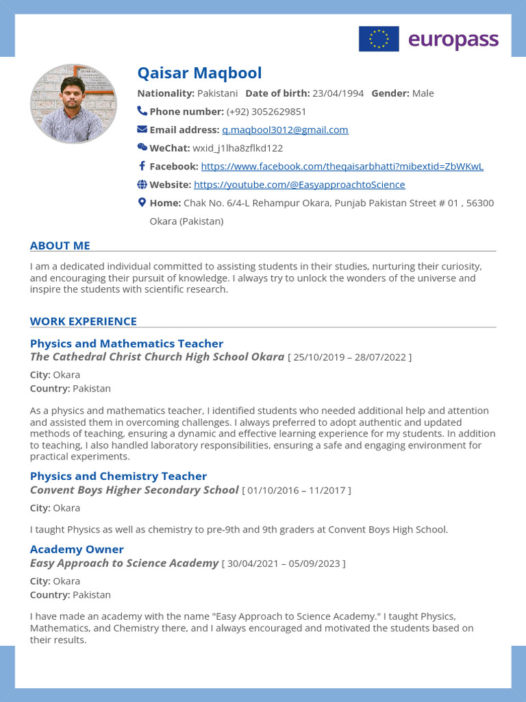 Qaisar Maqbool CV. | PDF | Physics | Teachers