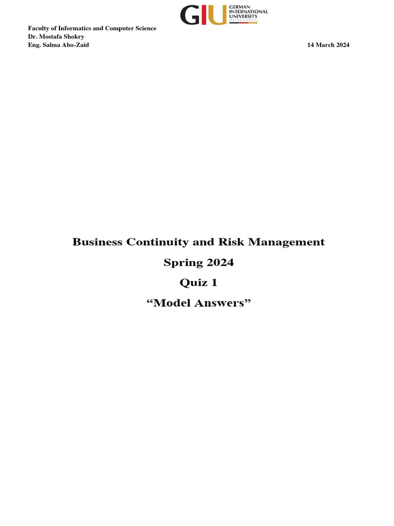Business Continuity Quiz Answers 2024 | PDF | Risk | Information Security