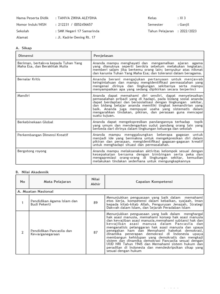 Rapor Akademik Taniva Zikha Aleydha | PDF | Karier & Perkembangan ...