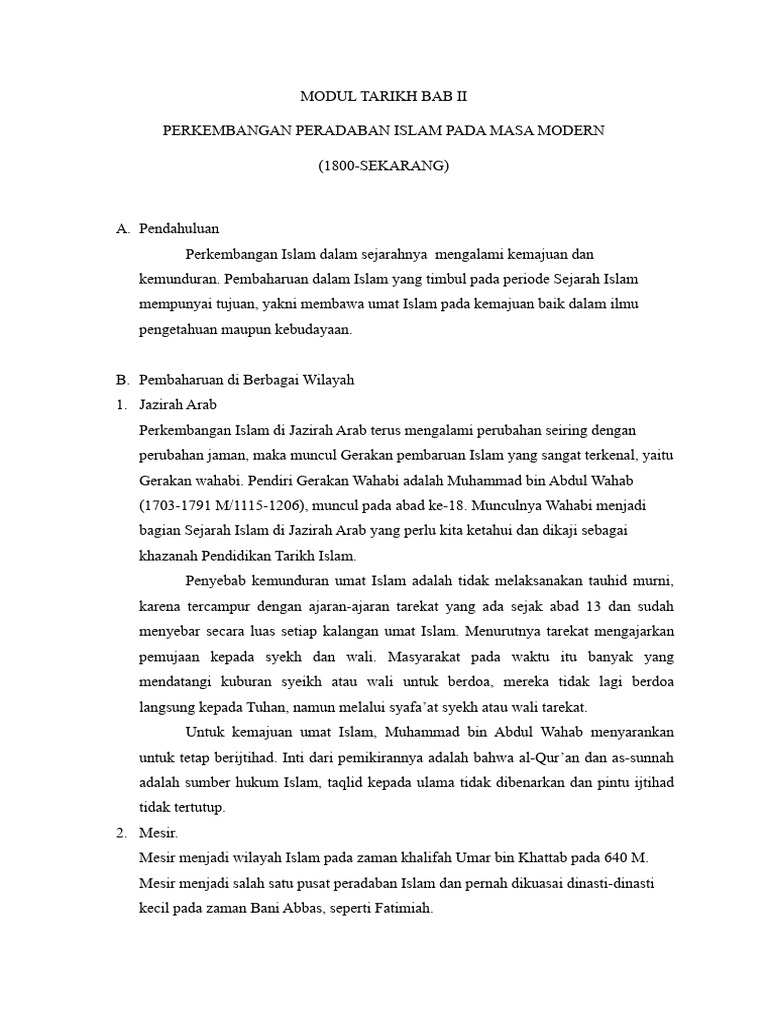 Modul Tarikh Xi Perkembangan Peradaban Islam Pada Masa Modern Bab Ii | PDF