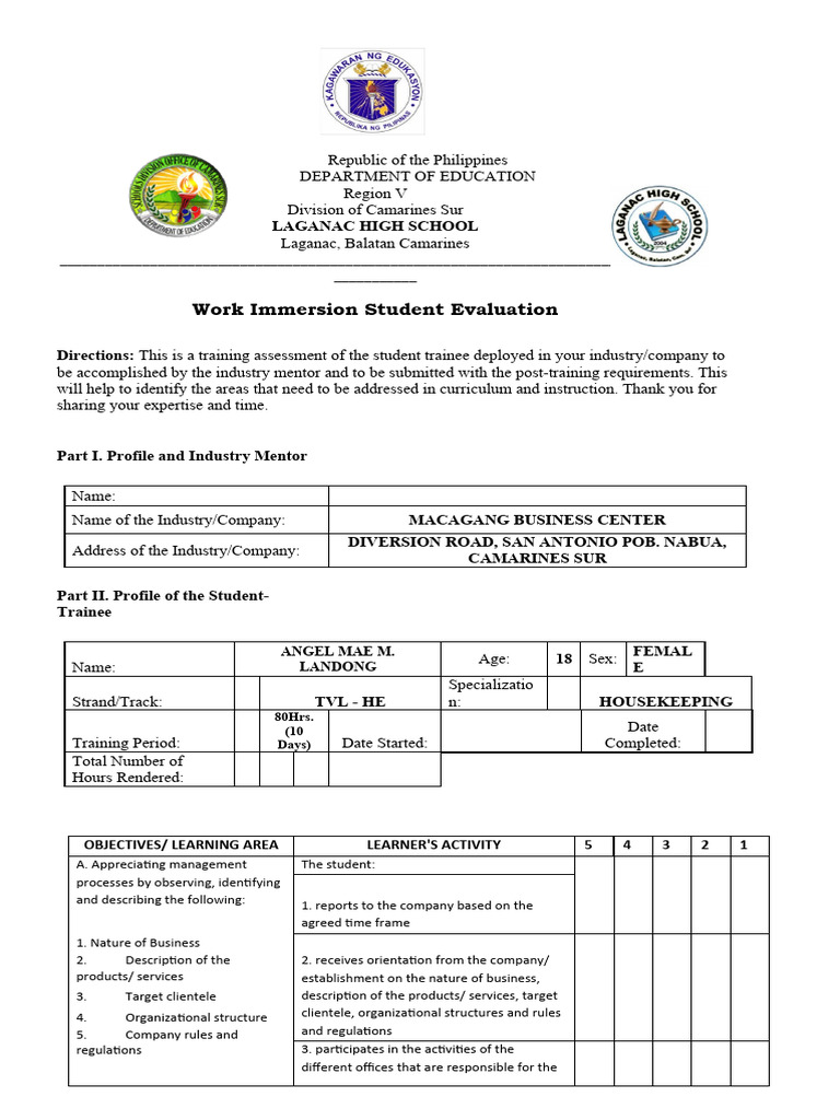 2024 Work-Immersion-Evaluation-Form | PDF | Business | Cognition