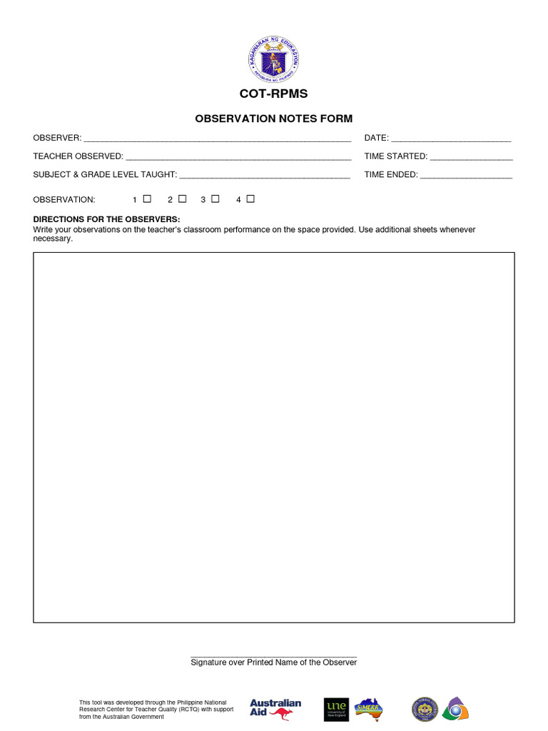 COT RPMS Observation Notes Form | PDF | Career & Growth | Technology ...
