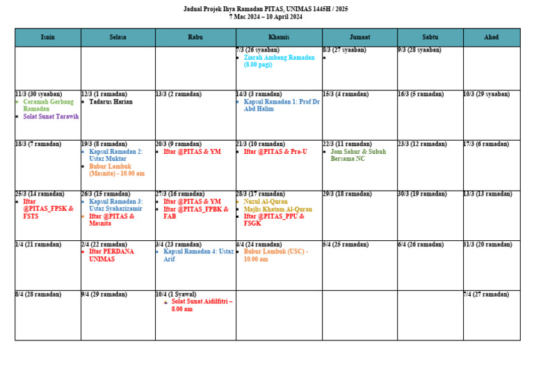 Jadual Ihya Ramadan UNIMAS 2025 | PDF
