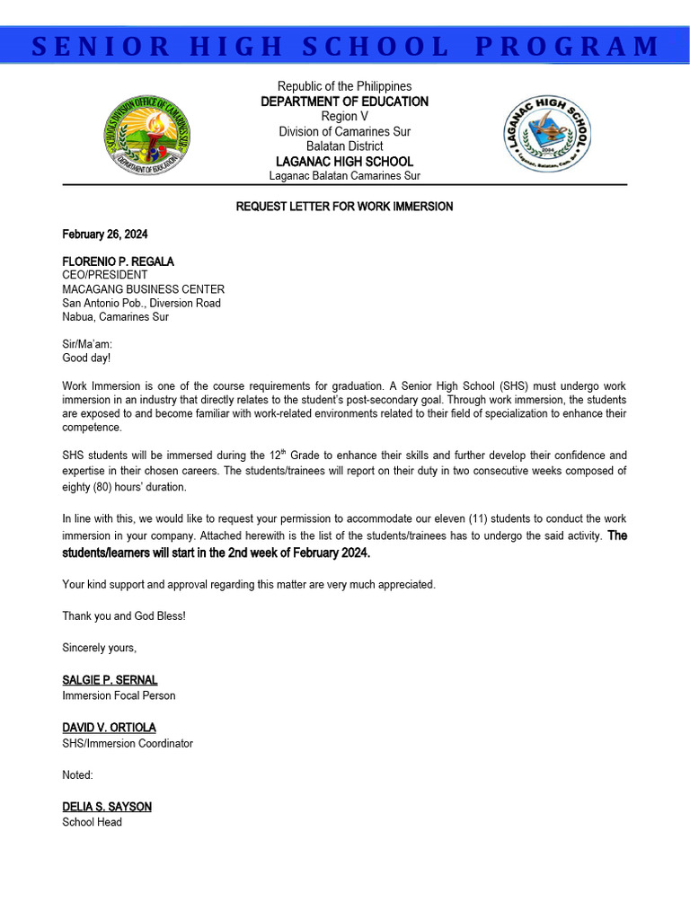 REQUEST LETTER-FOR-WORK-IMMERSION-docx | PDF