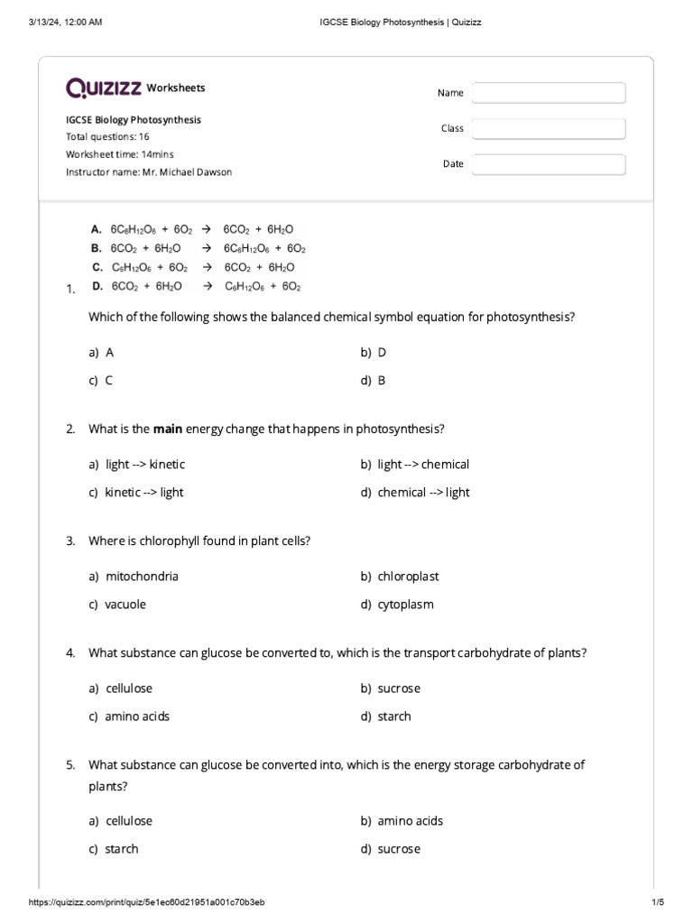 IGCSE Biology Photosynthesis Quiz | PDF | Photosynthesis | Carbon Dioxide