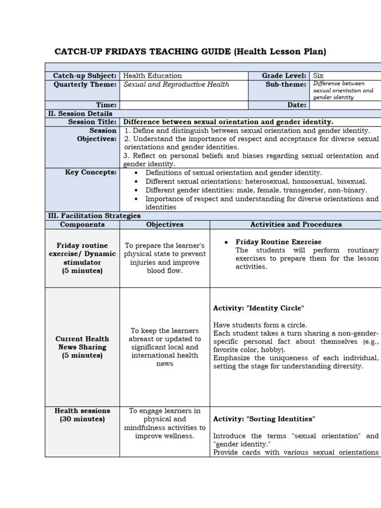 CATCH UP FRIDAY TEACHERS GUIDE Health Education Grade 6 Difference Between Sexual Orientation ...