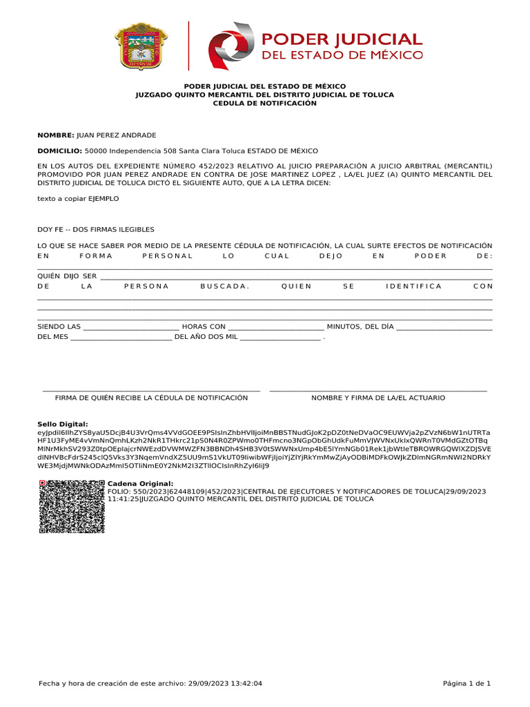 Poder Judicial Del Estado de México Juzgado Quinto Mercantil Del Distrito Judicial de Toluca ...