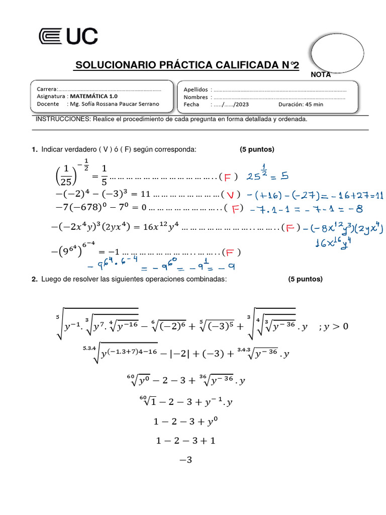 Solucionario Práctica Calificada 2 - 2023 | PDF