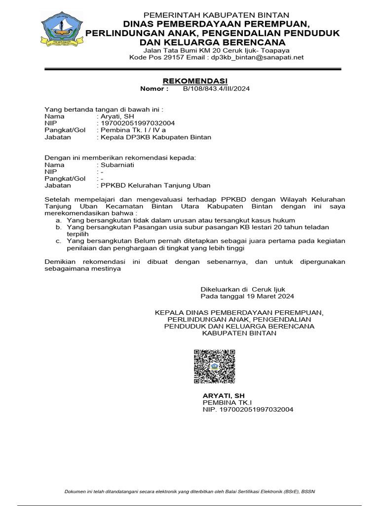 Surat Rekomendasi KB LESTARI | PDF