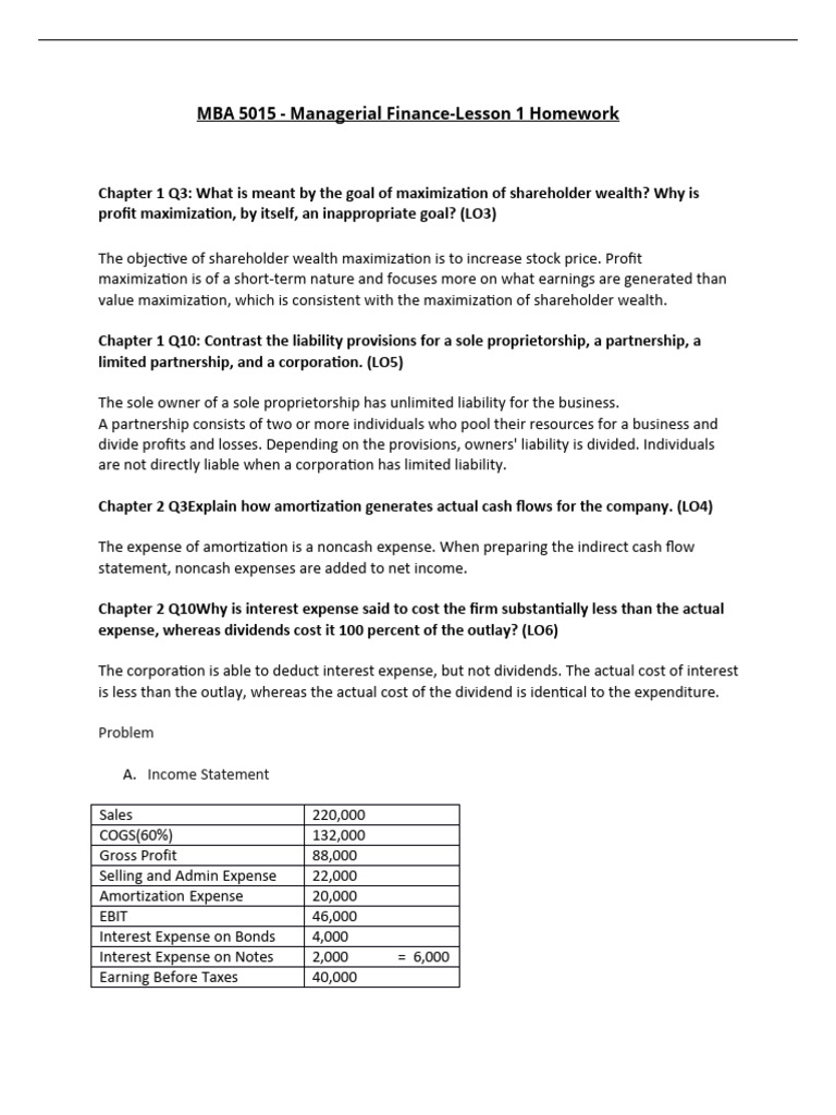 MBA 5015 Managerial Finance-Lesson 1-Homework | PDF | Equity (Finance ...