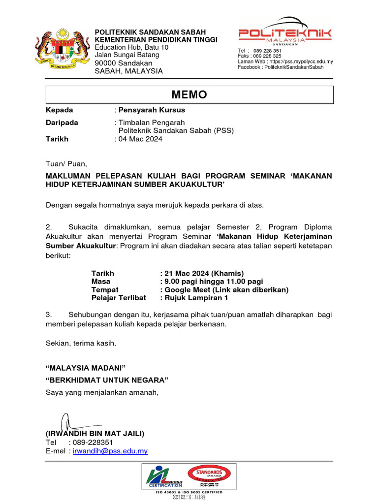 Memo Pelepasan Program Seminar Semester 2 Daq | PDF