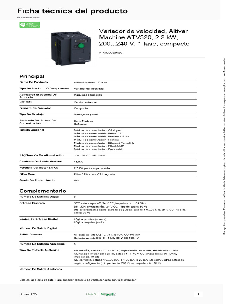 Schneider Electric - Altivar-320 - ATV320U22M2C | PDF | Impedancia ...