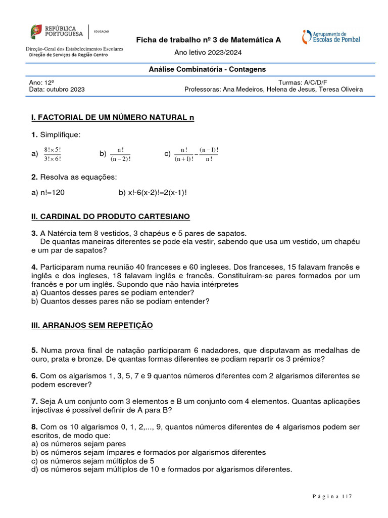 Ficha de Trabalho n3 - Análise Combinatória (Contagens) | PDF