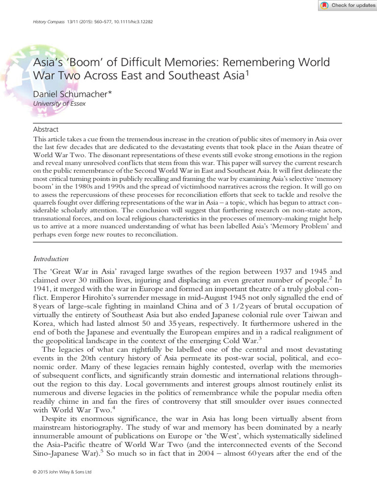 Schumacher 2015 - Asia S Boom of Difficult Memories Remembering World War Two Across East and | PDF