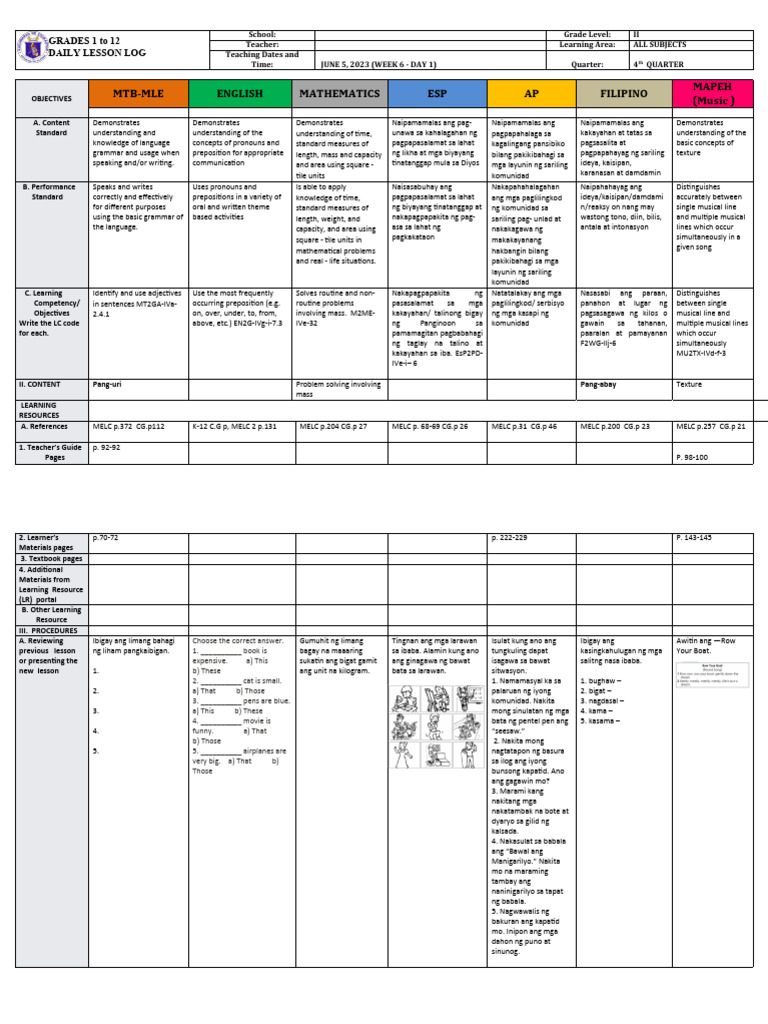 DLL All-Subjects-2 q4 w6 | PDF | Linguistics | Syntax