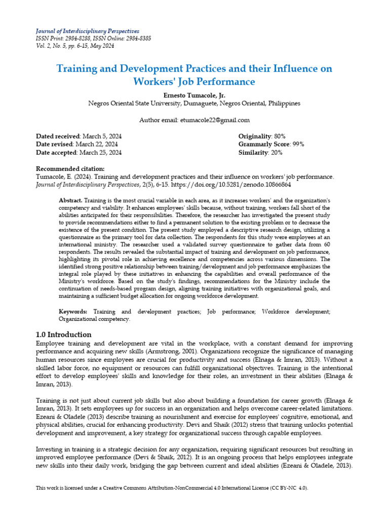 Training and Development Practices and Their Influence On Workers' Job ...