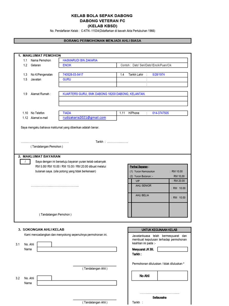 Borang Ahli DVFC | PDF
