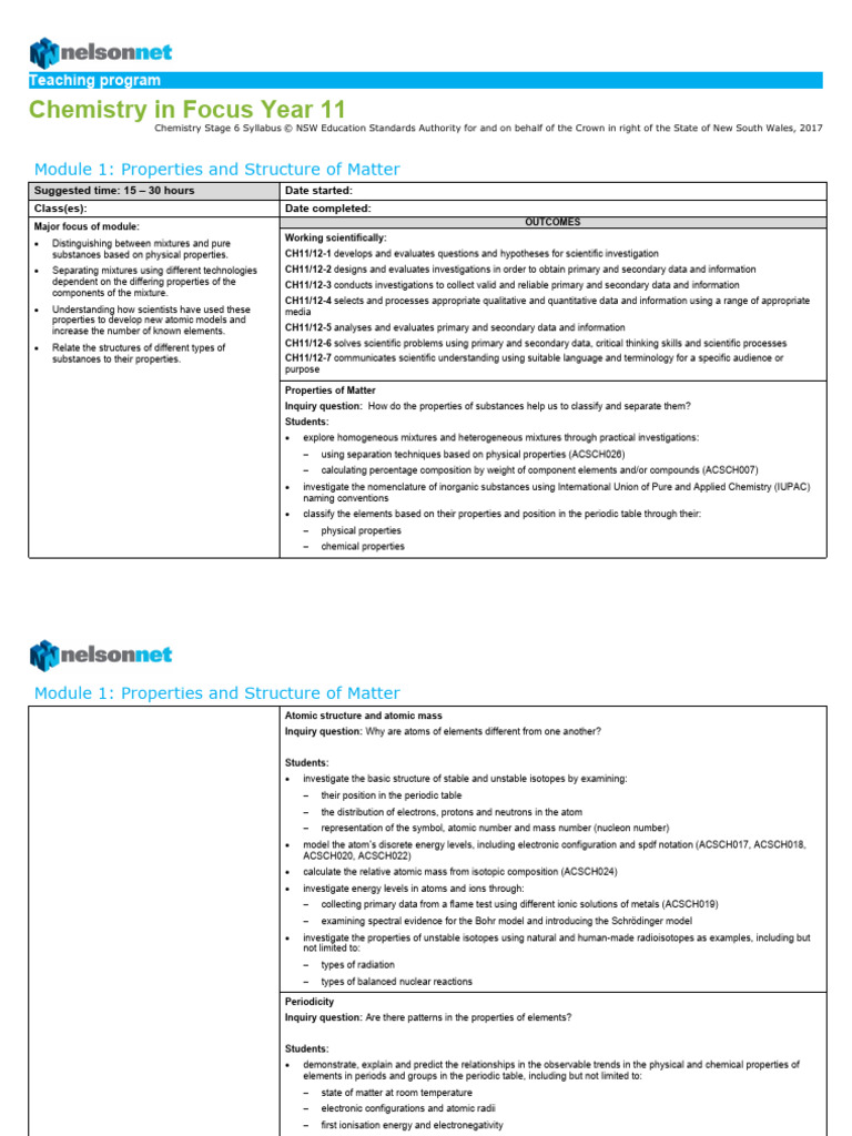 Year 11 Chemistry Teaching Program | PDF