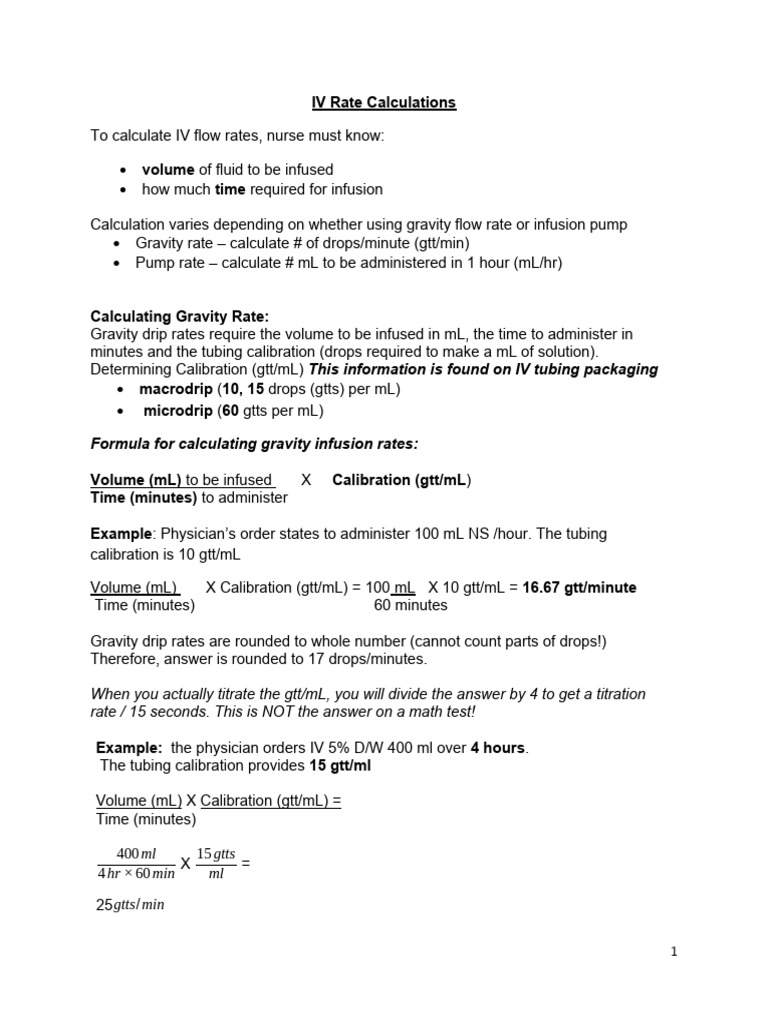 IV Flow Rate Calculations Guide | PDF | Intravenous Therapy | Volume