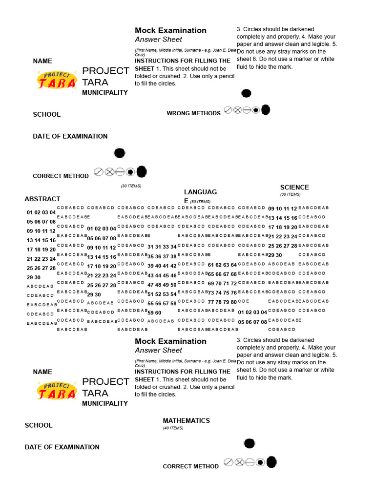 MOCK EXAMINATION ANSWER SHEET | PDF