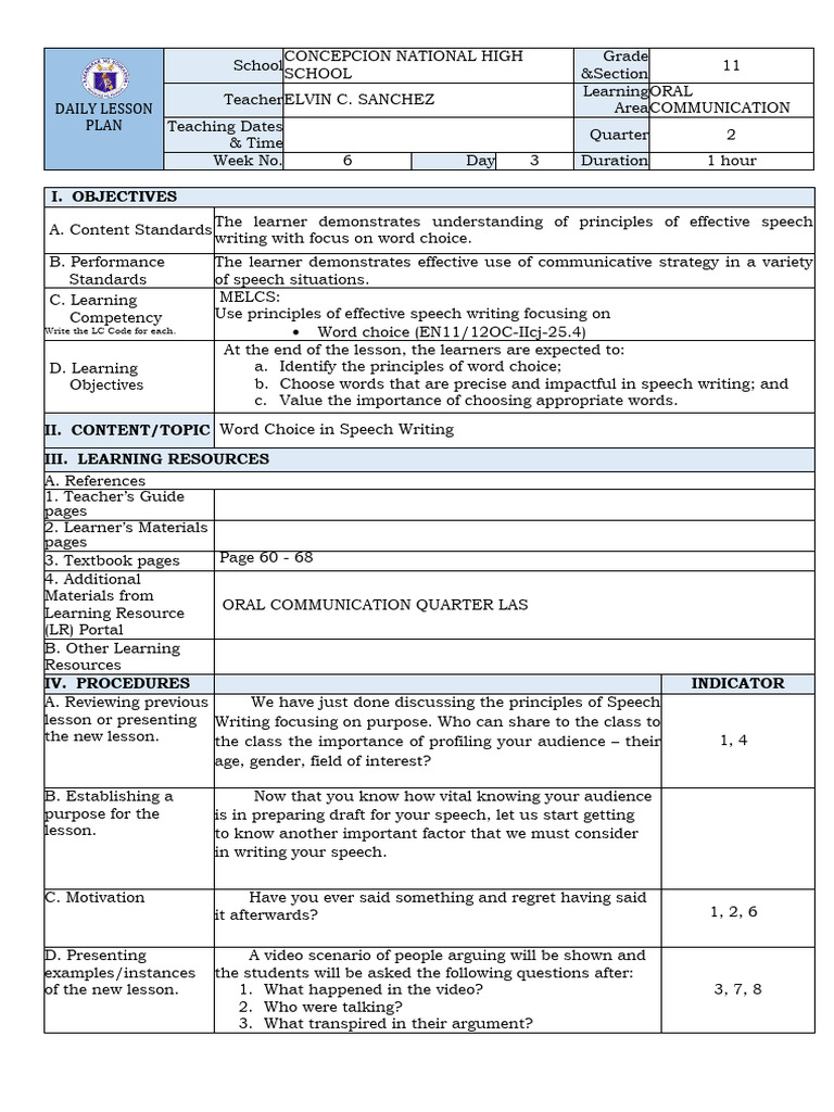 DLP OralComm Sanchez | PDF | Learning | Communication