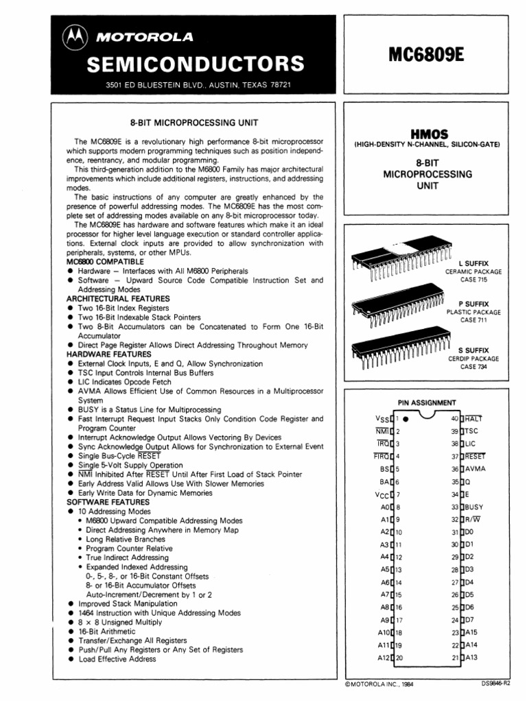 MC6809E HMOS 8 Bit Microprocessor (Motorola) | PDF
