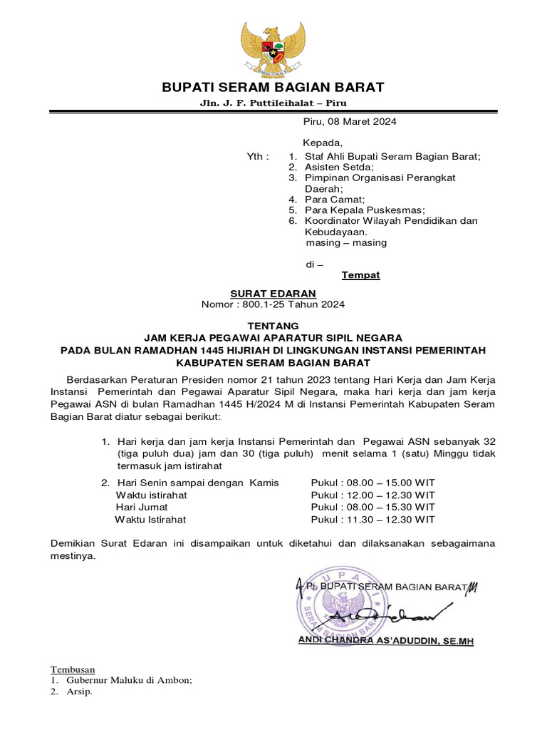 Surat Edaran Jam Kerja Pada Bulan Ramdhan 1445 H | PDF