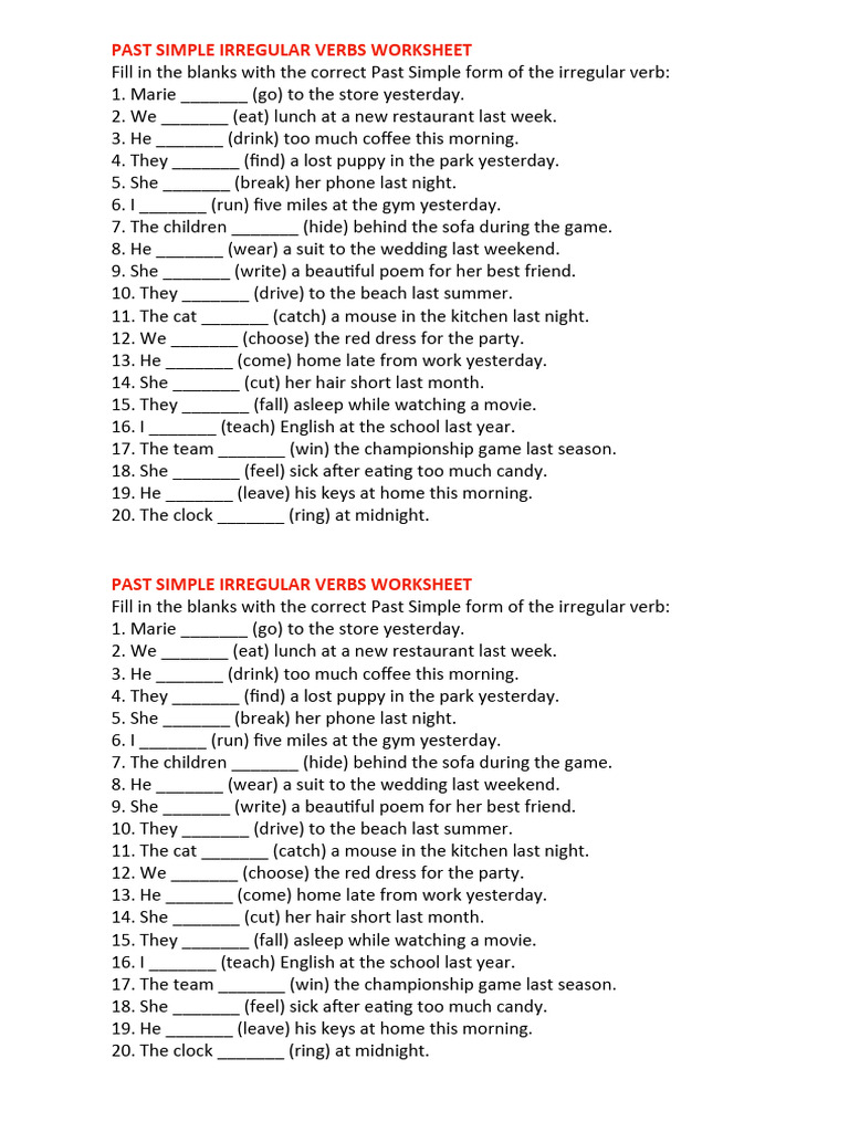Past Simple Irregular Verbs Worksheet | PDF