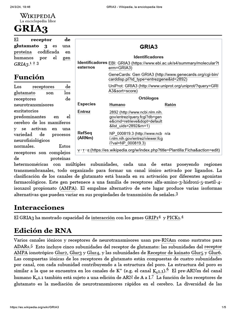 GRIA3 - Wikipedia, La Enciclopedia Libre | PDF | Receptores | Biomoléculas