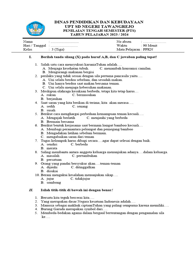 Soal Pts 1 PPKN Kelas 3 | PDF | Karier & Perkembangan | Olahraga & Rekreasi