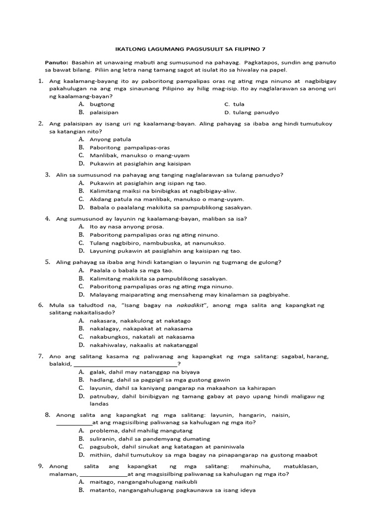 FILIPINO-7-IKATLONG-LAGUMANG-PAGSUSULIT Final | PDF