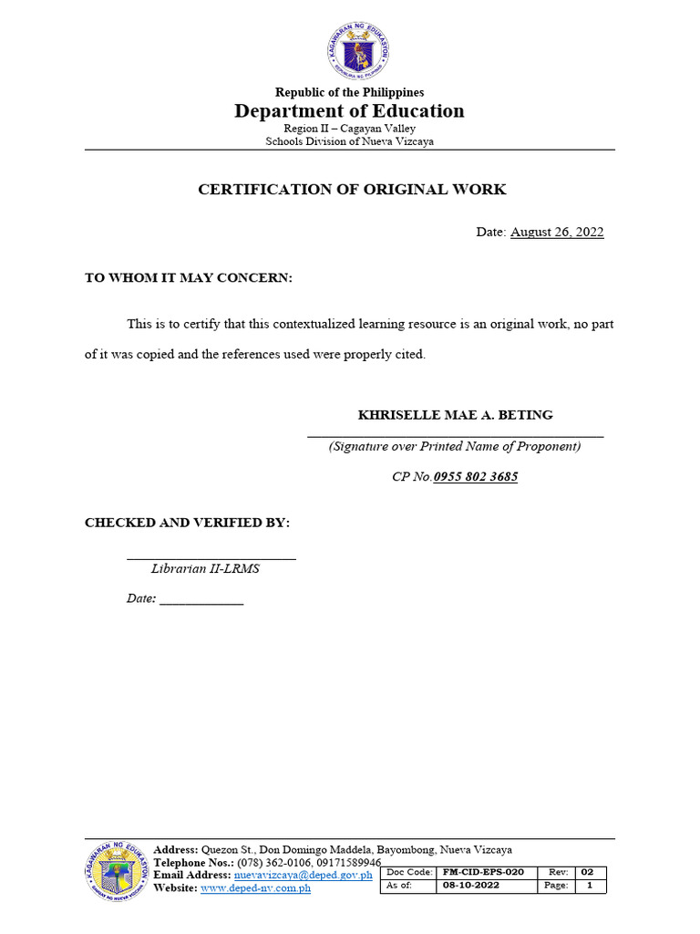 FM Cid Eps 020 Certification of Original Work | PDF