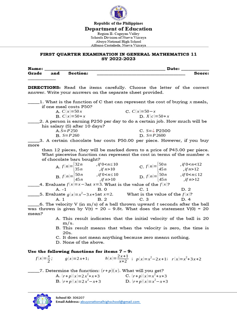 1st QUARTEREXAM IN GEN MATH | PDF | Function (Mathematics) | Exponential Function