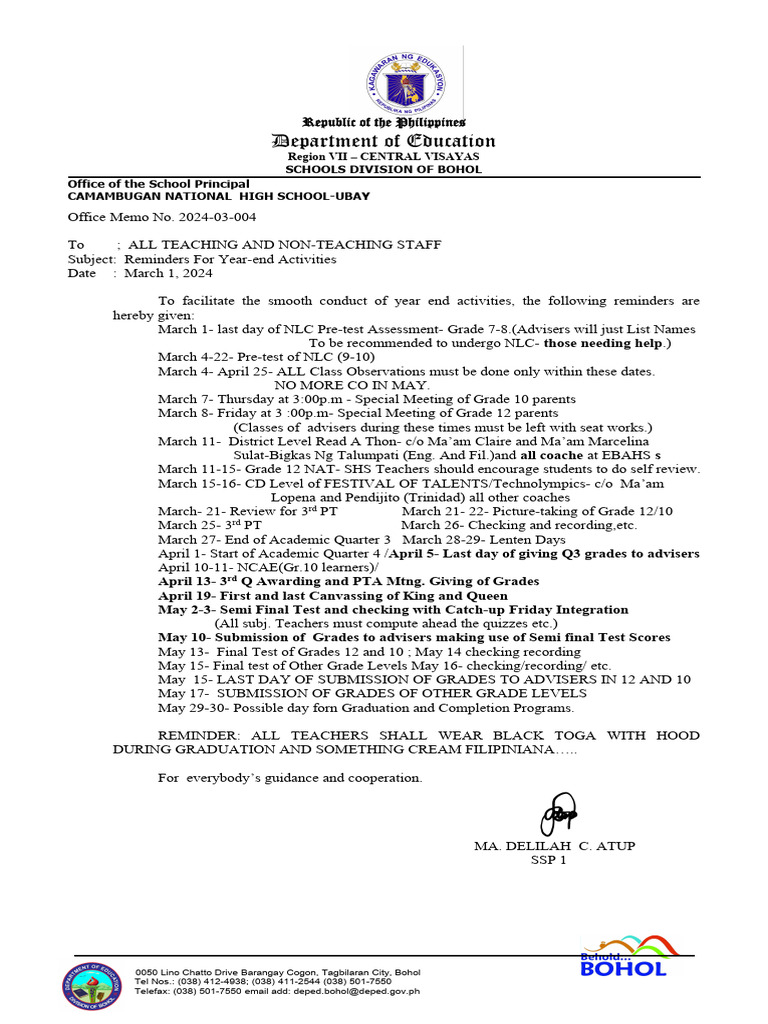 2024 03 04 Memo For Year End Activities | PDF