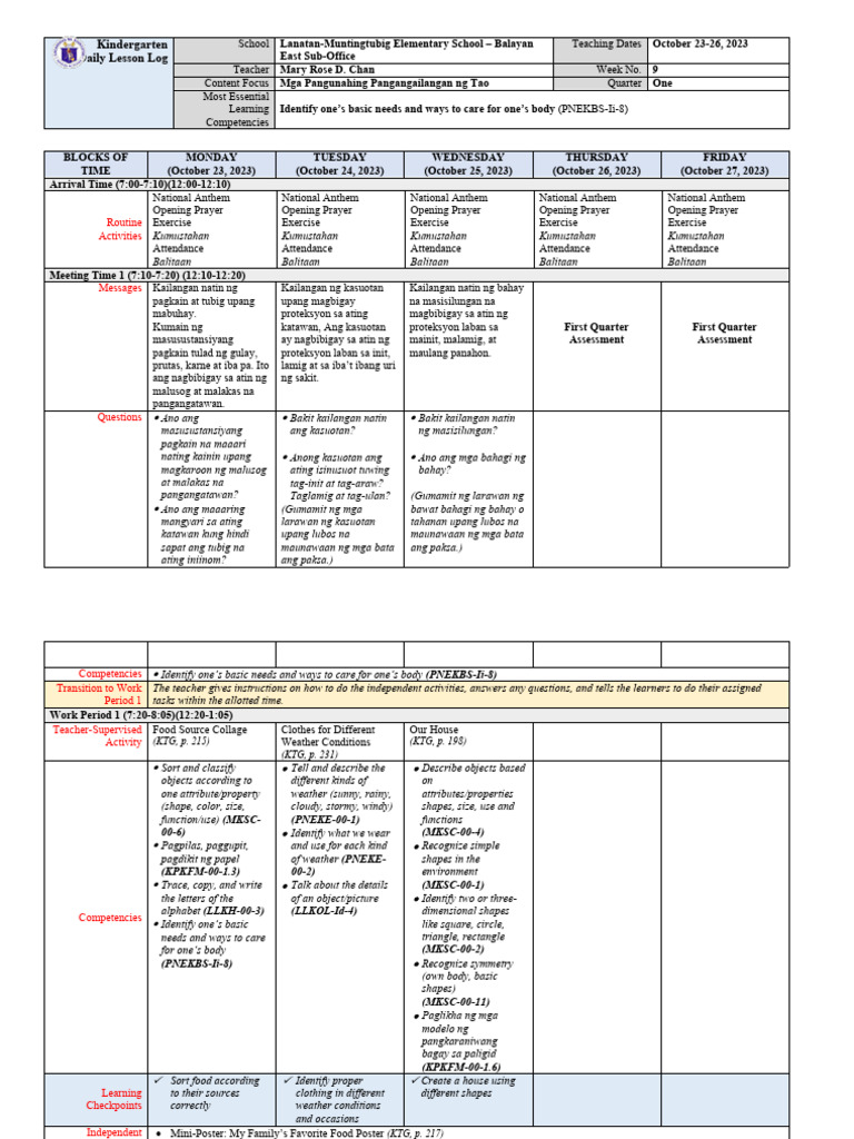 Kindergarten DLL MELC Q1 Week 9 MCL | PDF