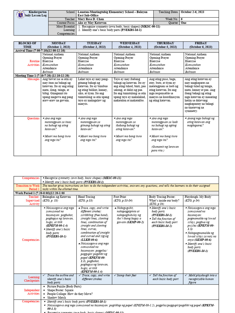 Kindergarten DLL MELC Q1 Week 6 MCL | PDF