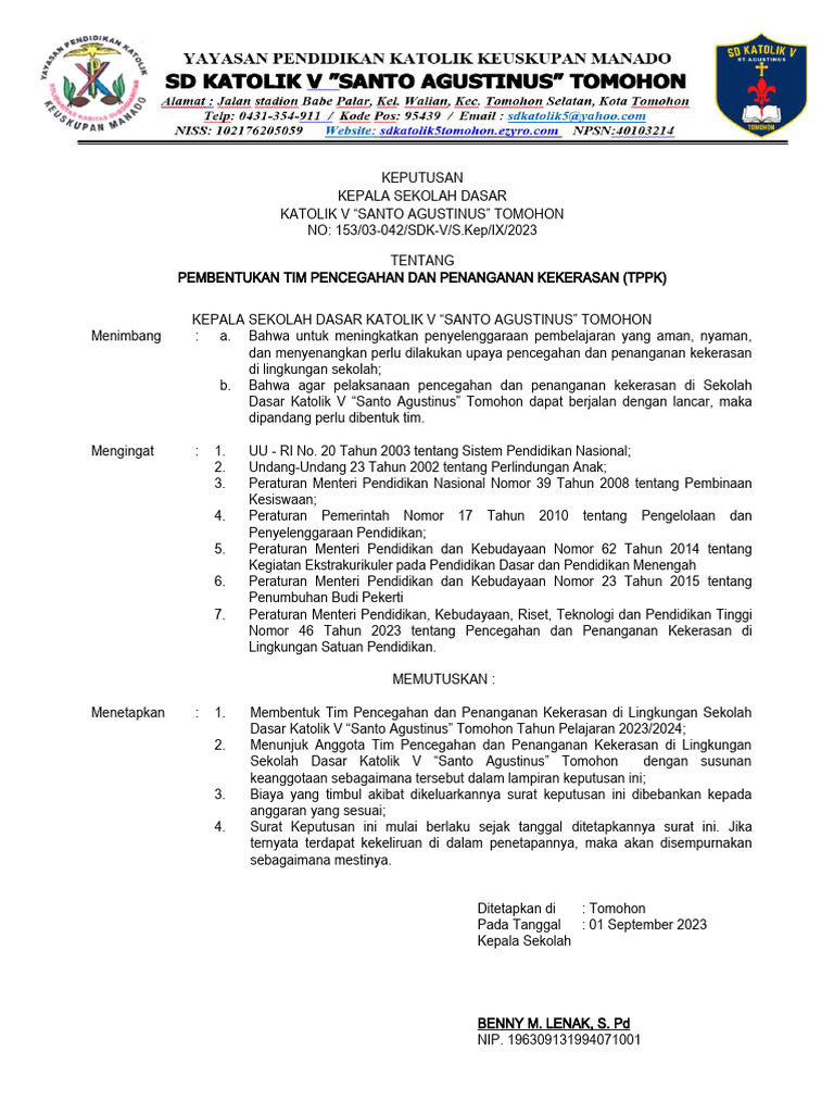 Pembentukan Tim Penanganan Kekerasan SD Santo Agustinus | PDF