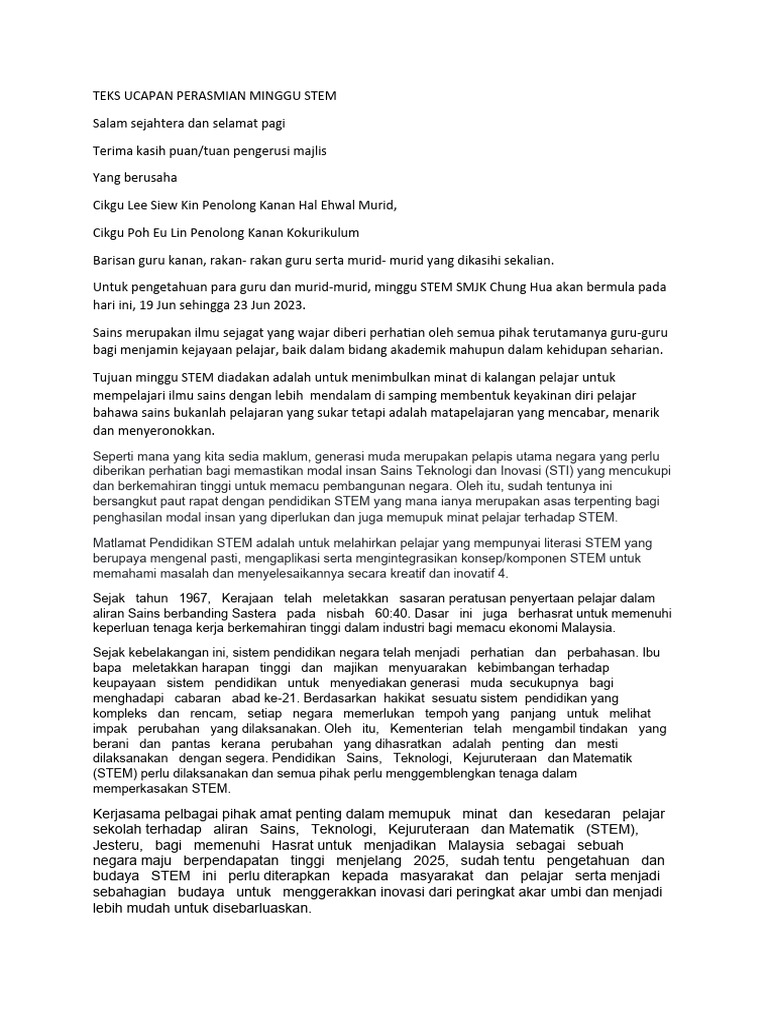 Teks Ucapan Perasmian Minggu Stem | PDF | Ilmu Sosial