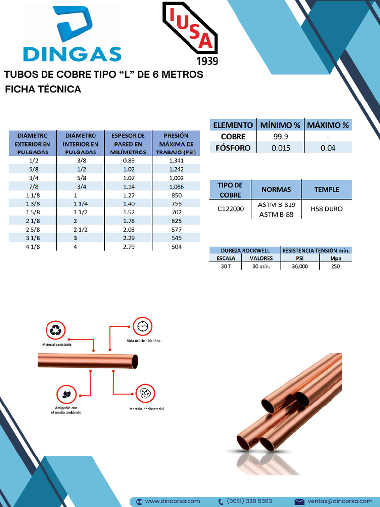 Ficha Tecnica - Tubos de Cobre Tipo L - Iusa | PDF