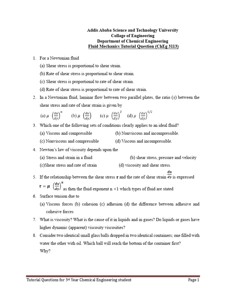 Tutorial Q Unit One Pdf Shear Stress Viscosity
