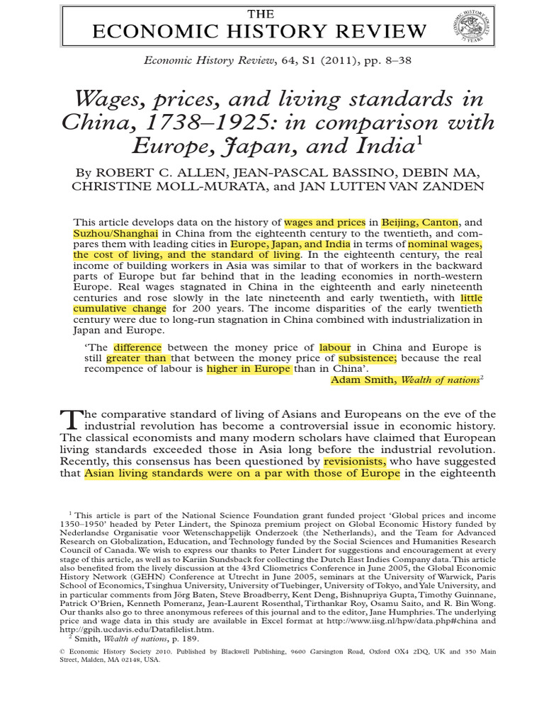 Allen, Bassino, Debin Ma, Van Zanden, Moll-Murata - Wages, Prices ...