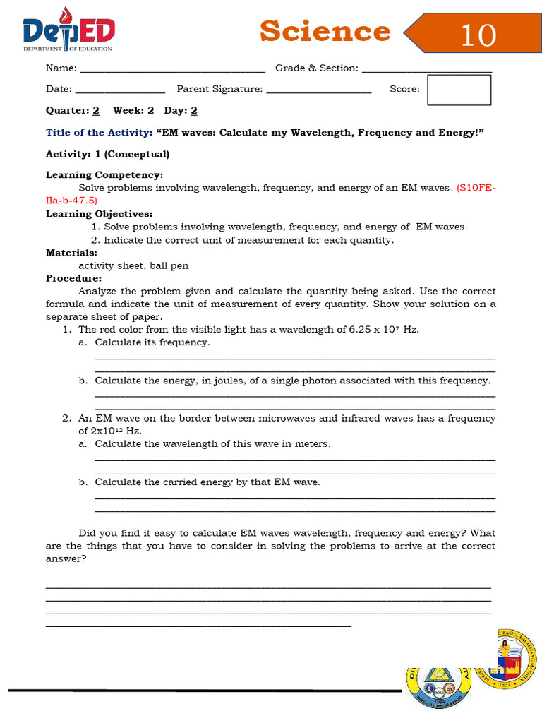 Science 10 - Q2 - DW5 | PDF | Electromagnetic Radiation | Frequency