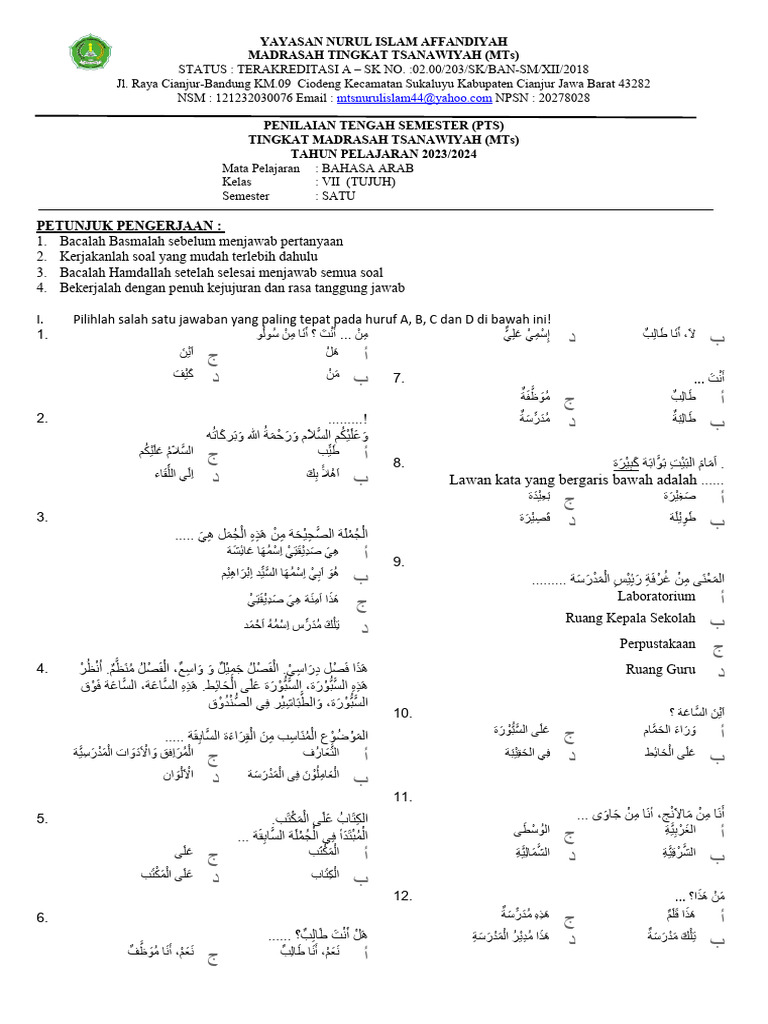 Soal PTS Bahasa Arab Kelas 7 | PDF