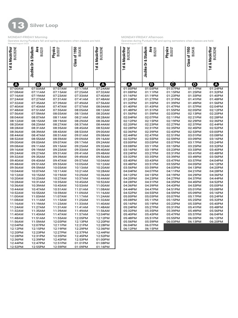 Purdue Bus Schedule: Silver Loop Timings | PDF
