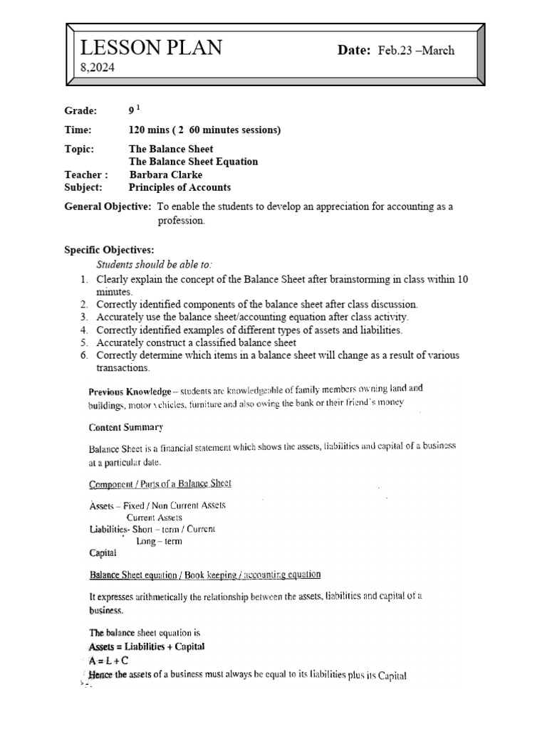 Grade 9 Balance Sheet Lesson Plan | PDF | Balance Sheet | Brainstorming